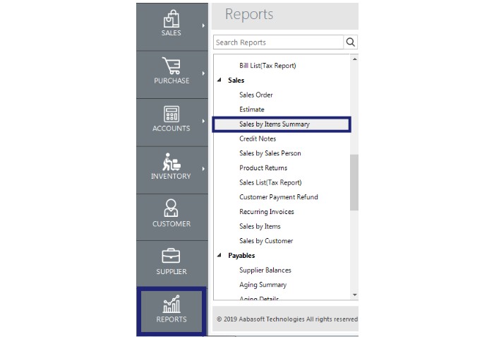 Sales by Items Summary Report | Free Billing Software | Accoxi