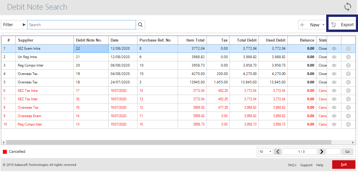 Debit Note Export Option