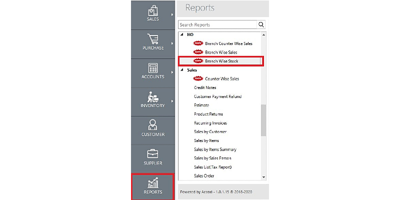 Branch wise Stock Report | Accounting Software Free | Accoxi
